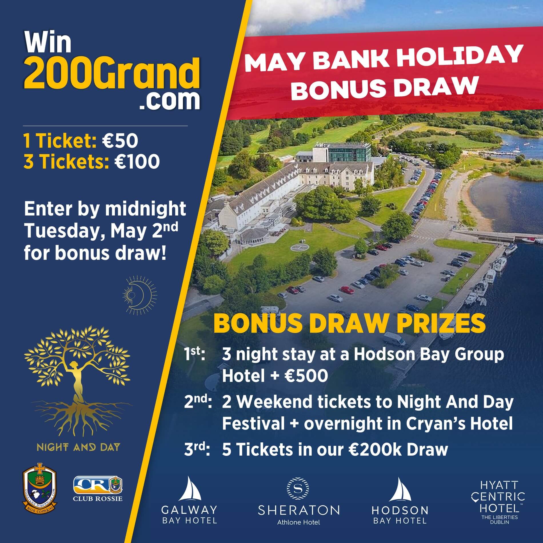 3 Prizes on offer in the "Win 200 Grand" Bank Holiday Bonus Draw